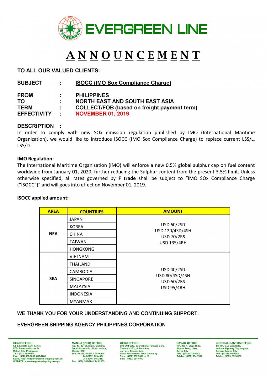 ISOCC (IMO Sox Compliance Charge) Philippines to Northeast and Southeast Asia Effective November ...